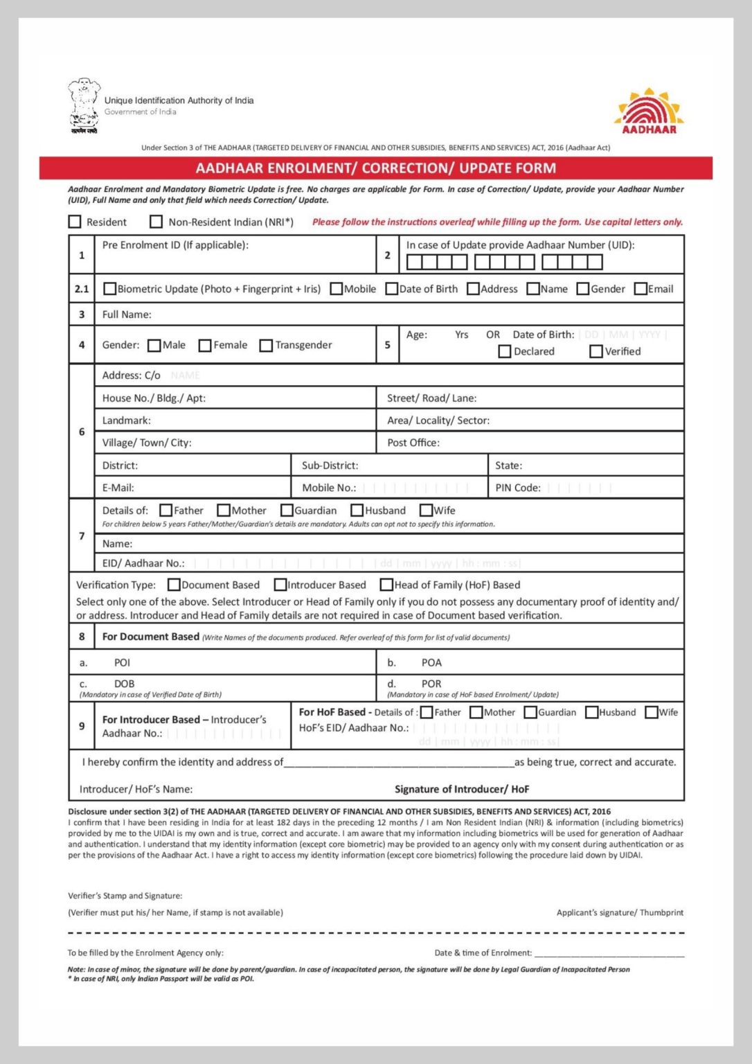 Aadhar Card Correction Form Pdf Download Data Update Correction