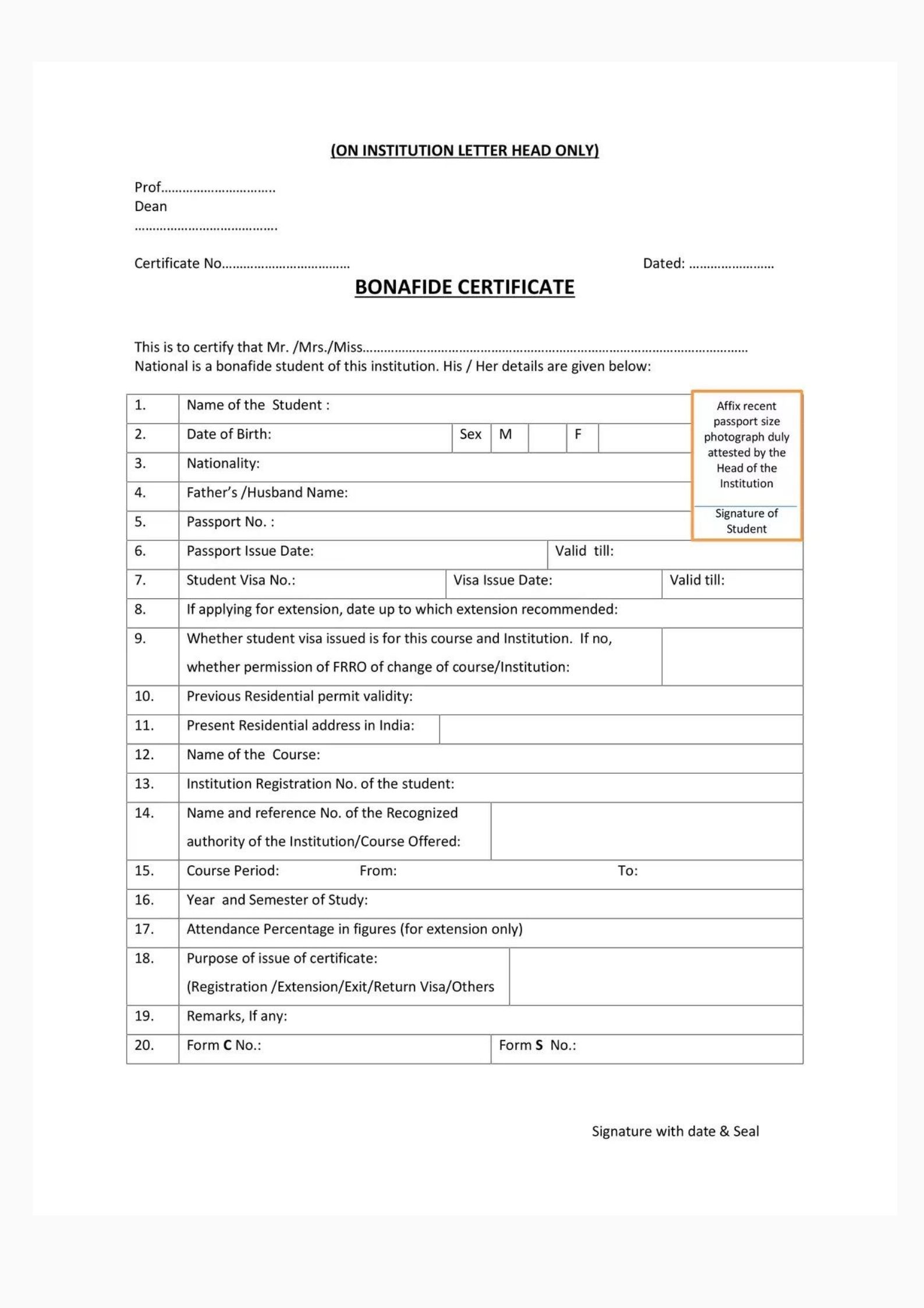 Bonafide Certificate Application Form PDF For Students Employee