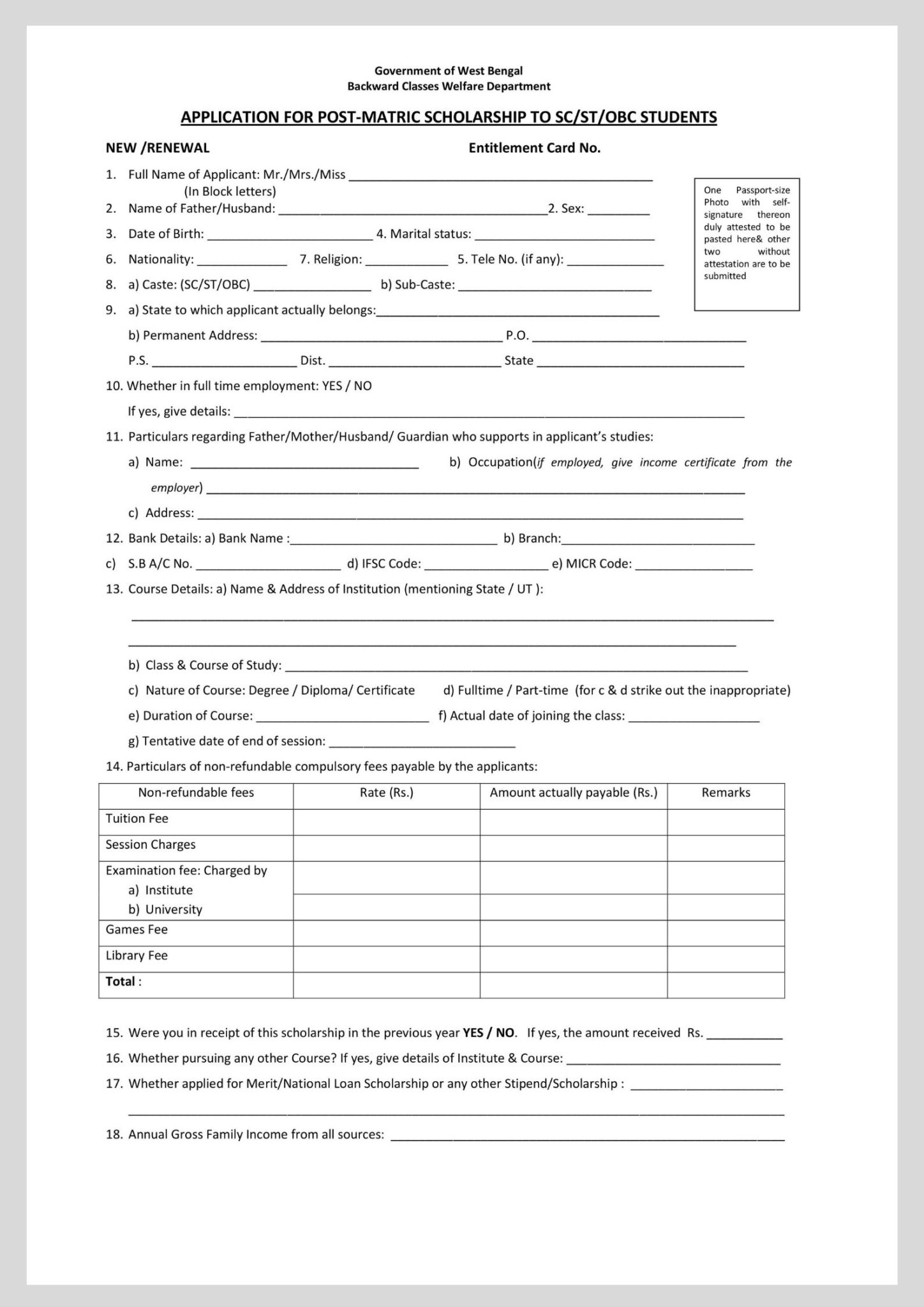 WB Post-Matric Scholarship Application Form PDF for SC/ST/OBC Students