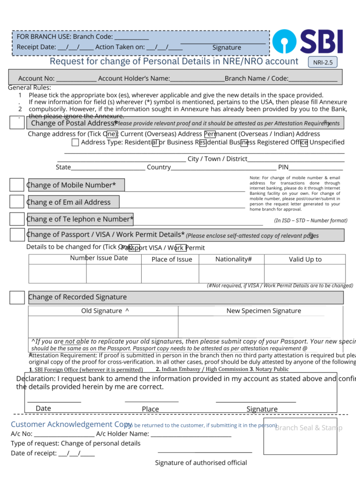 SBI Mobile Number Change Form PDF For NRE NRO SBI Mobile Number Change Form PDF For NRE NRO